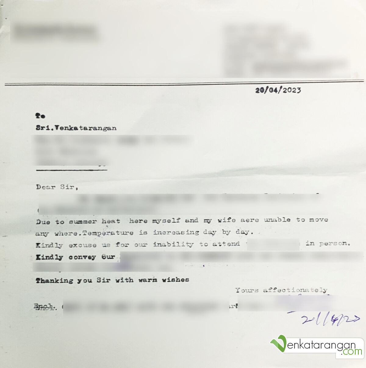 A letter typed on a typerwriter!